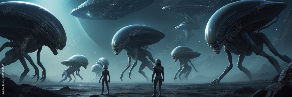 aliens with elongated heads and dark sleek bodies standing against ...