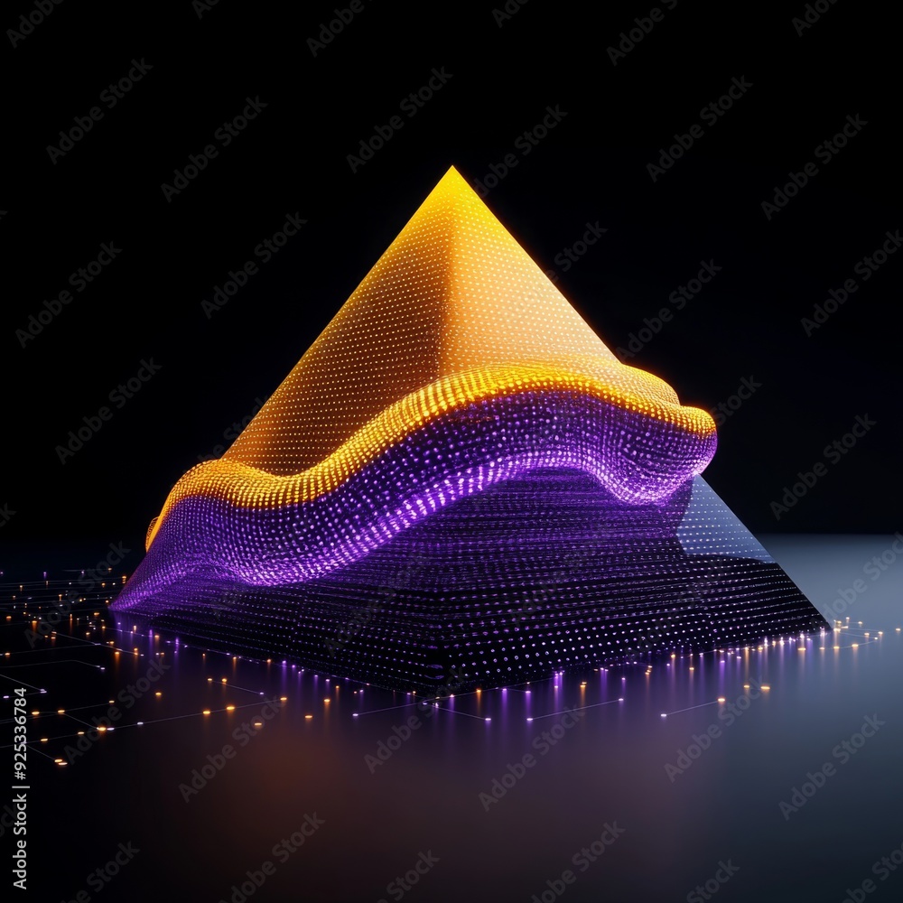 A glowing digital pyramid in yellow and purple, a triangle network of ...
