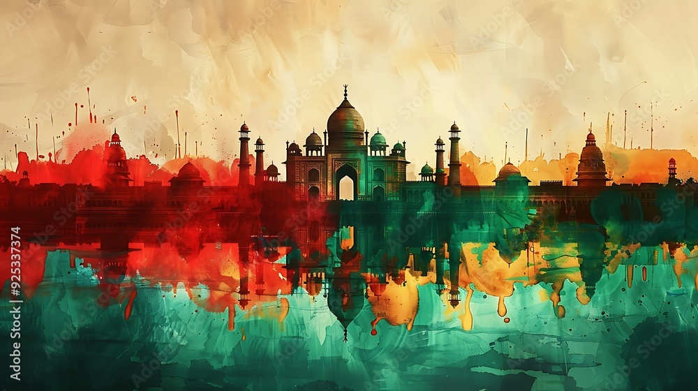 Compose a watercolor painting of the Indian flag as the backdrop, with ...