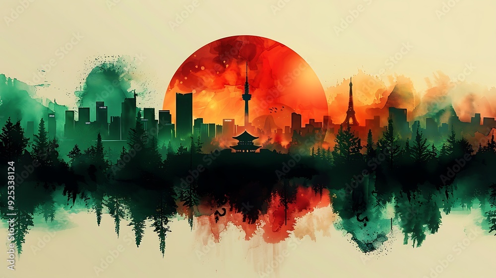 Compose a watercolor painting of the South Korean flag as the backdrop ...