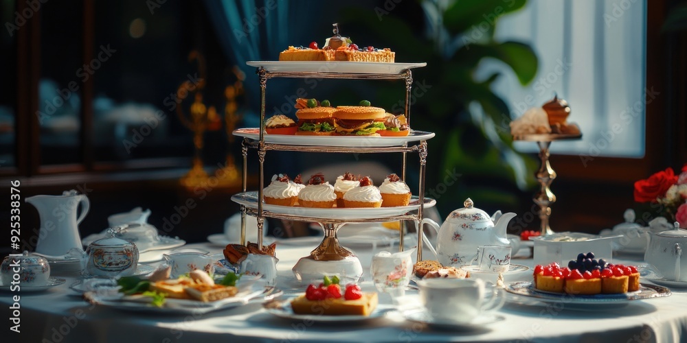 A high tea service table set for a sophisticated afternoon tea event ...