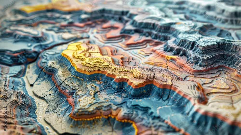 Close-up of a colorful, detailed topographic map showing various ...