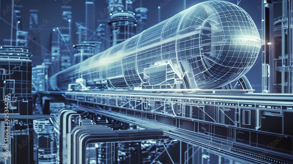 A wireframe blueprint of a futuristic transportation system with a ...