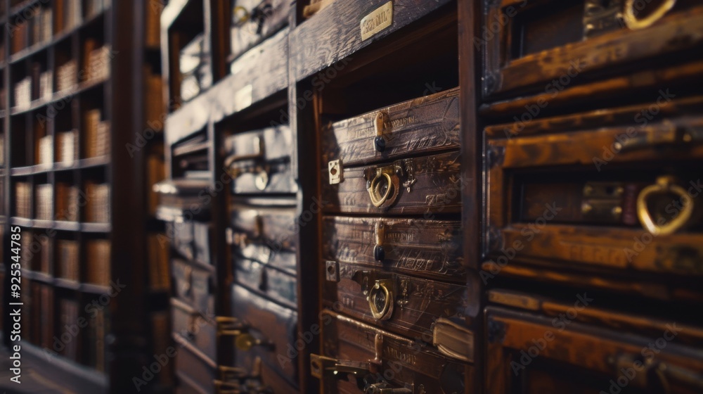 Rows of intricately carved wooden drawers in an old library exude ...