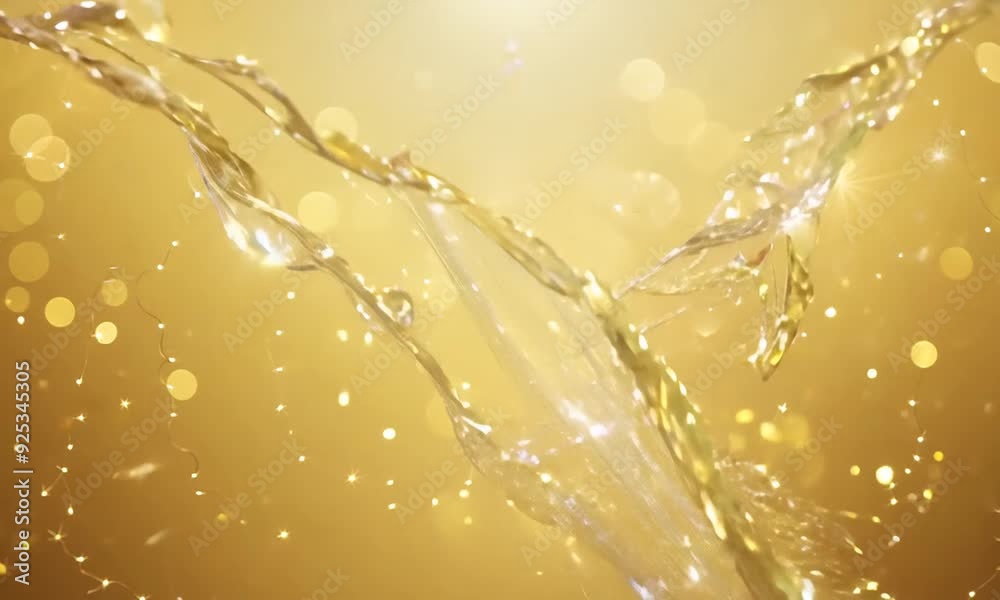 Champagne bottle pouring golden liquid with sparkling bubbles and ...