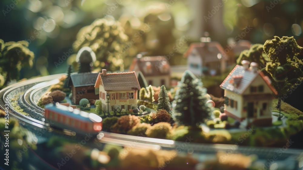 A meticulously detailed model train set amidst a miniature village ...