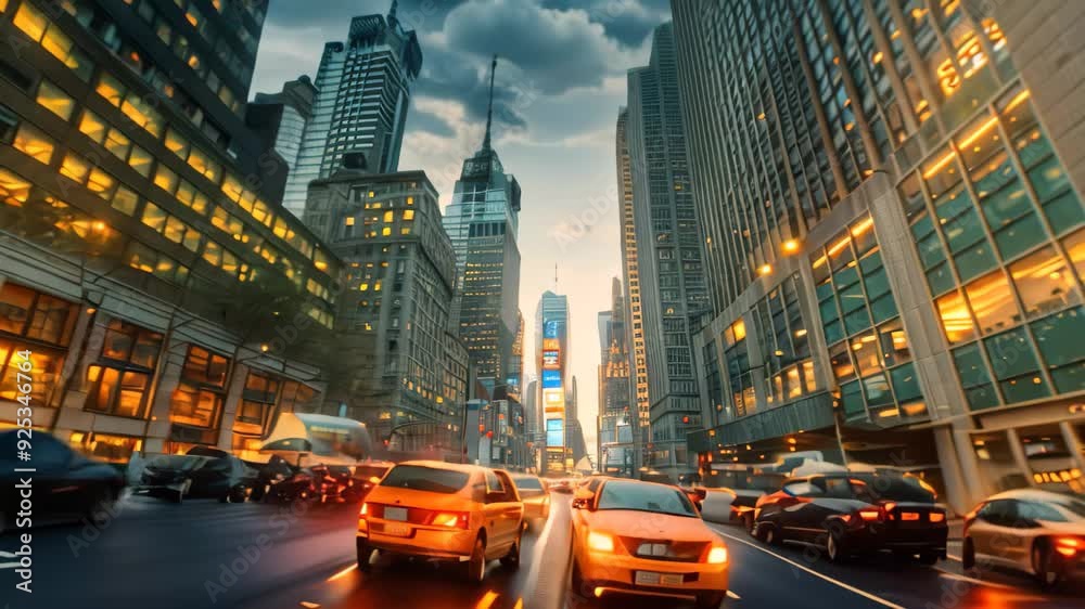 A photo of a bustling city street lined with towering buildings and ...