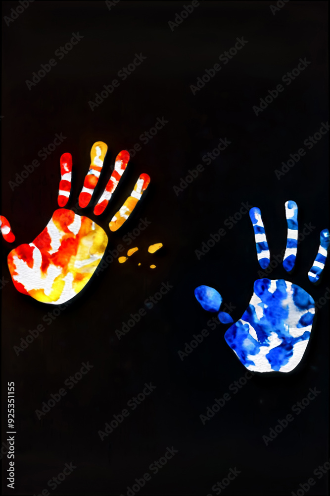 Baby handprint with watercolor on black wall background. Works of child ...