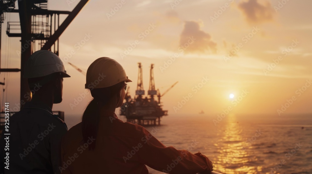Two construction workers in helmets gazing at an offshore oil rig ...