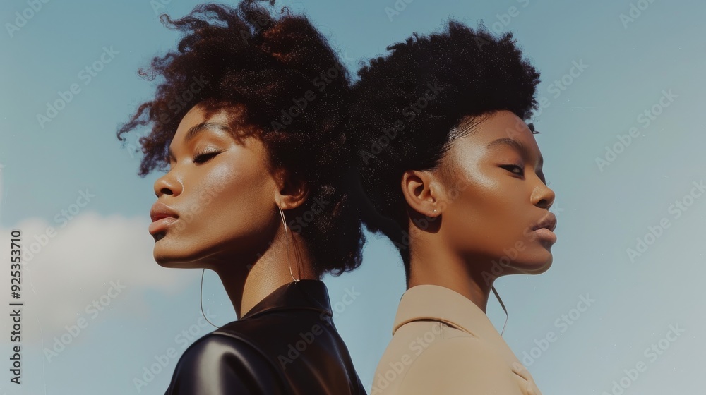 Two young women stand back to back, each exuding confidence and poise ...