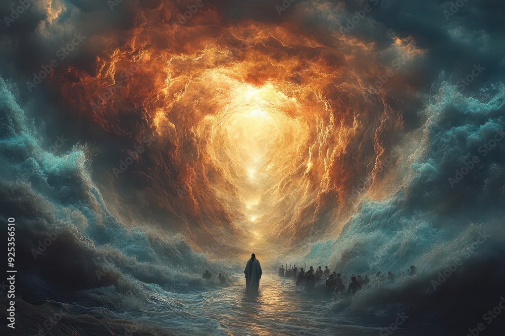 epic biblical scene of moses leading the israelites through the parted ...