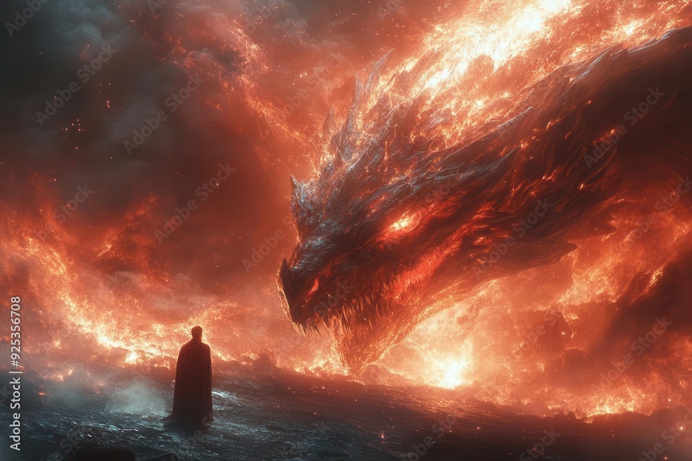 epic fantasy battle scene between hero and dragon swirling magic ...