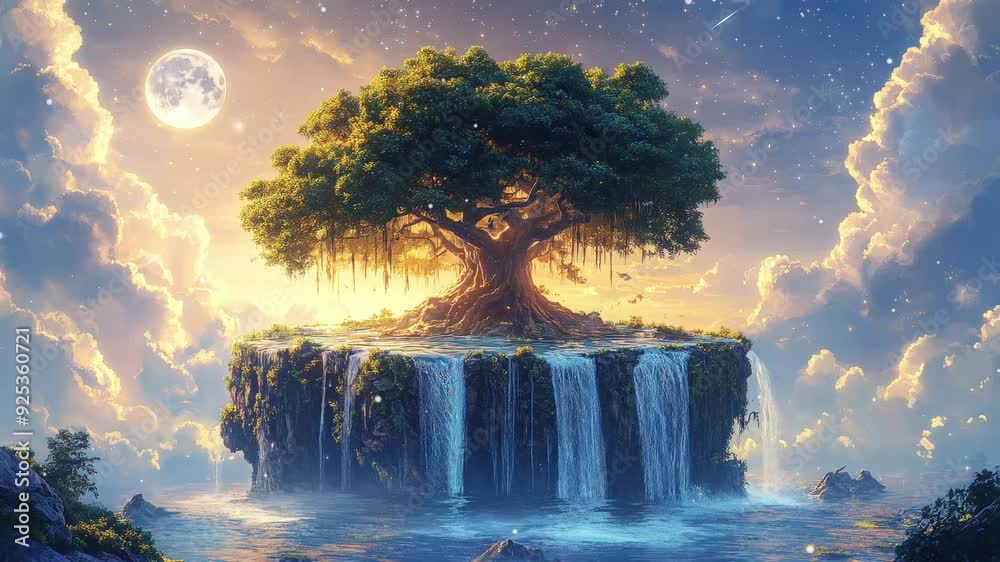 Fantasy giant tree on a floating island with water flowing from it, big ...