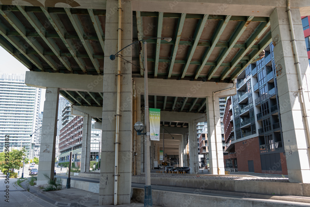 view beneath the elevated Gardiner Expressway (with BIA banner) at ...