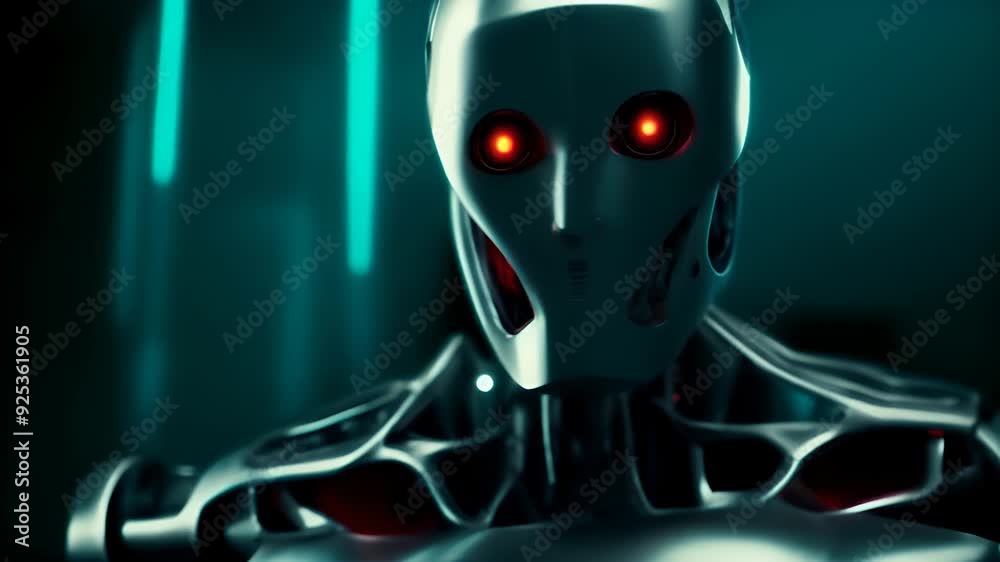 Video of sleek, skeletal humanoid robot with glowing red eyes in dark ...