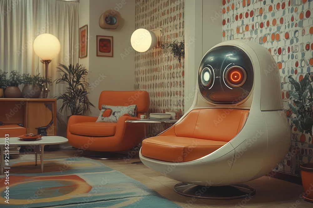 retrofuturistic 1960s living room with levitating furniture psychedelic ...