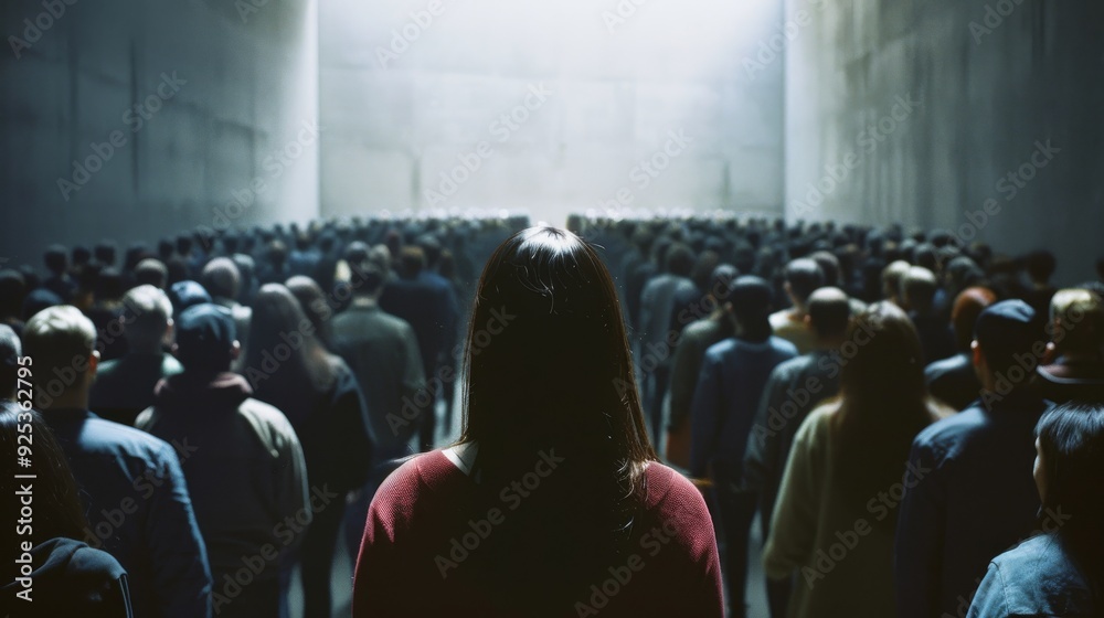 A person stands alone in front of a massive crowd within a stark ...