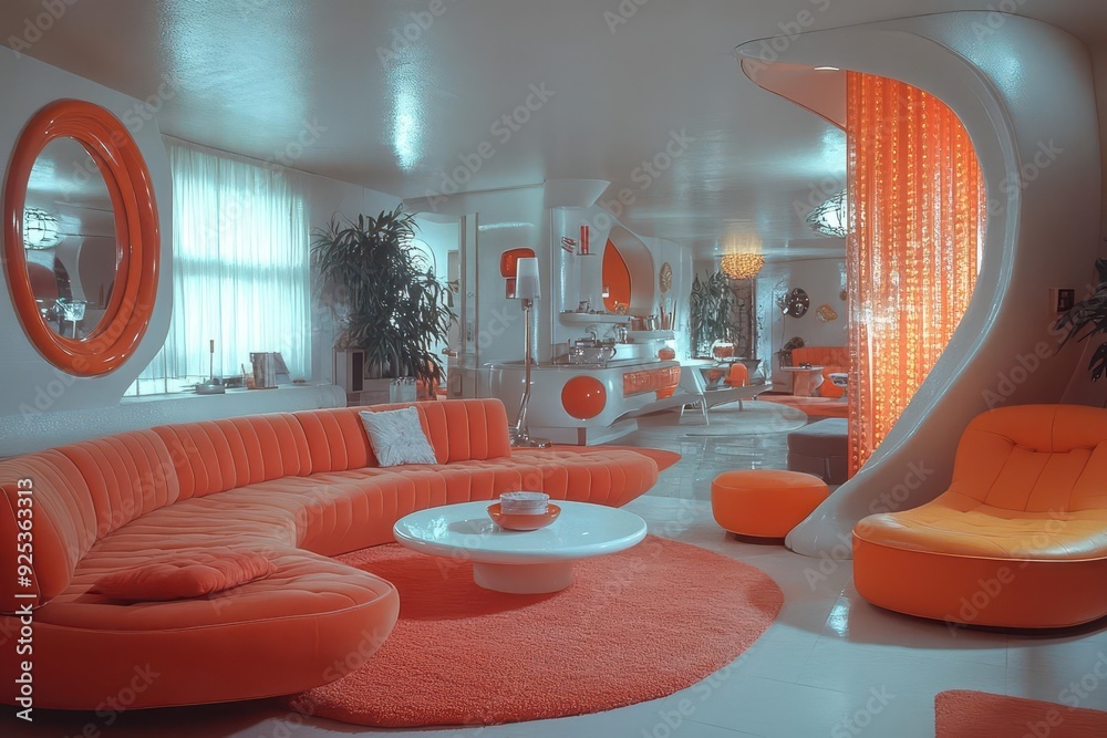 retrofuturistic 1960s living room with levitating furniture psychedelic ...