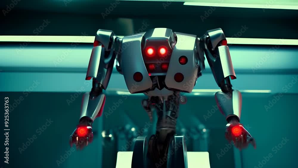 Video of robust, humanoid robot with multiple glowing red eyes on its ...