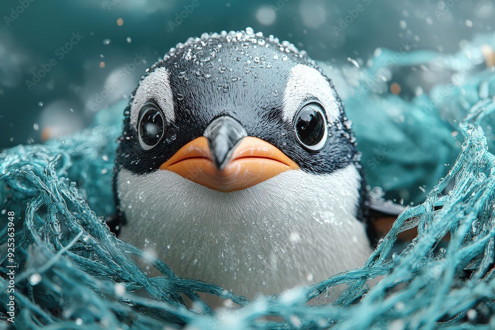 Penguin trapped in plastic net, showcasing the urgent need for ocean ...