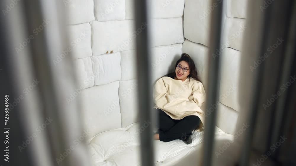 Asian woman in a straitjacket sitting on the floor of a padded cell room, viewed through prison ...