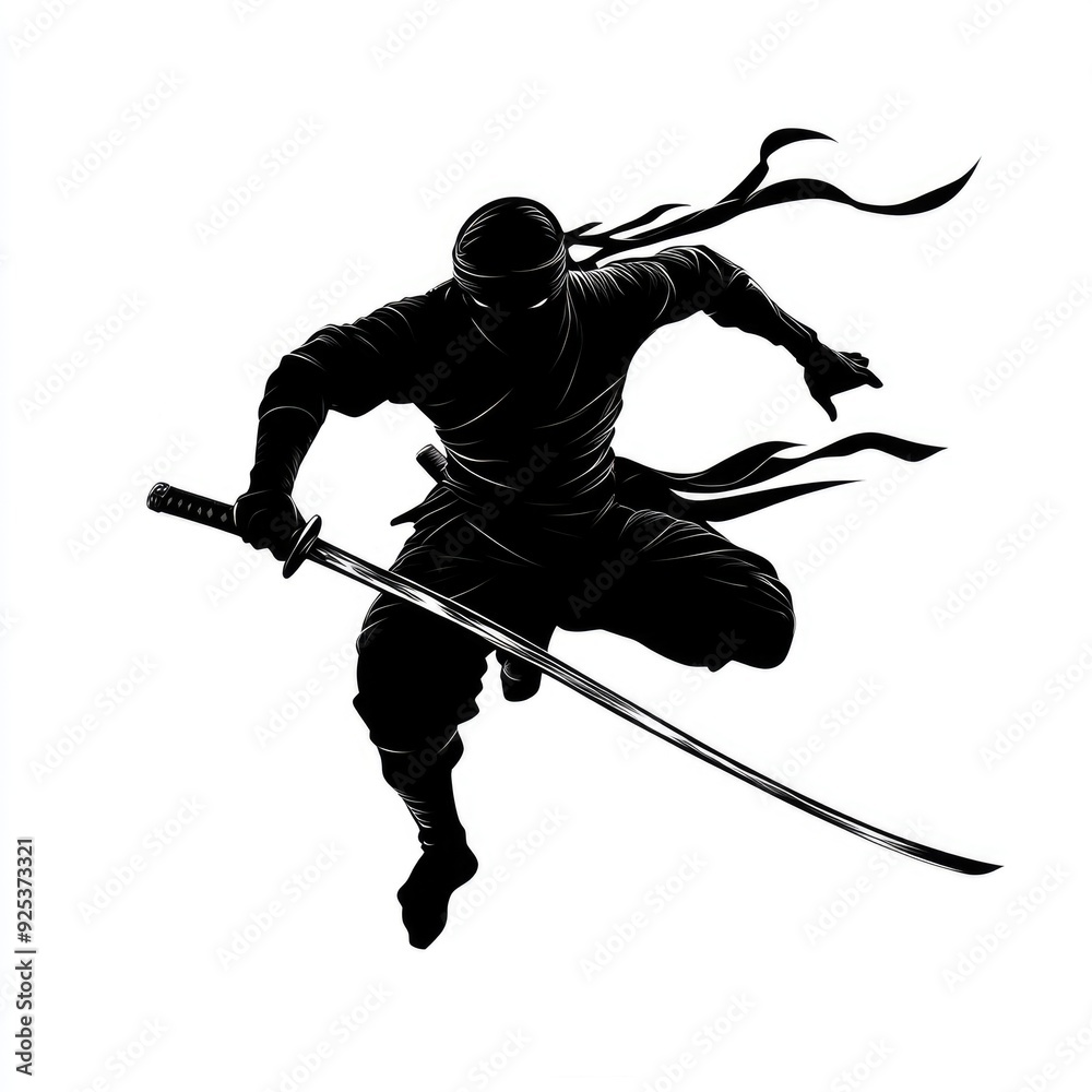Ninja Jumping - Samurai Fencer Martial Art Movement Pose with Sword and ...