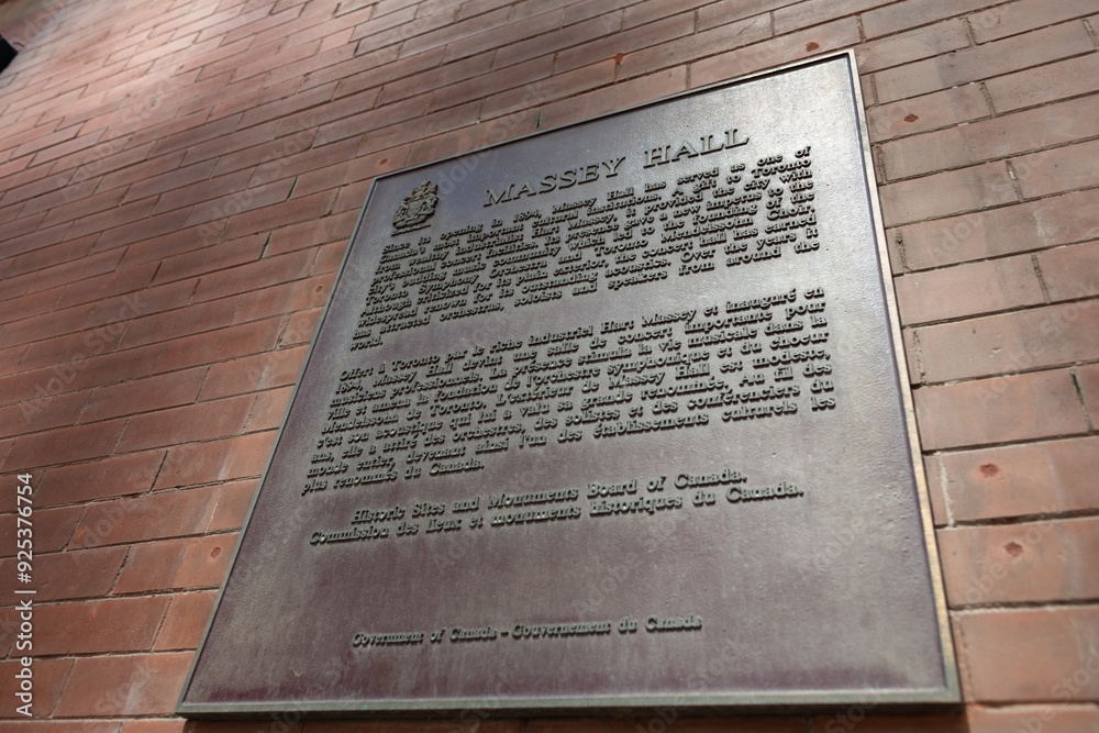 Government of Canada historical plaque with inscription for Massey Hall ...