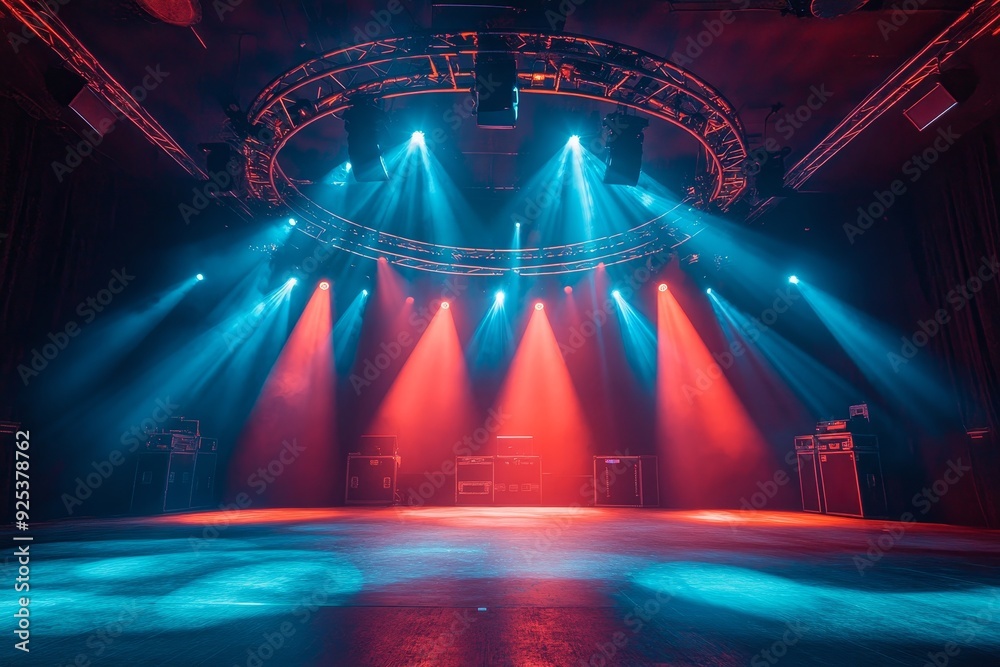 Live stage production with a circular light truss, in a center stage ...