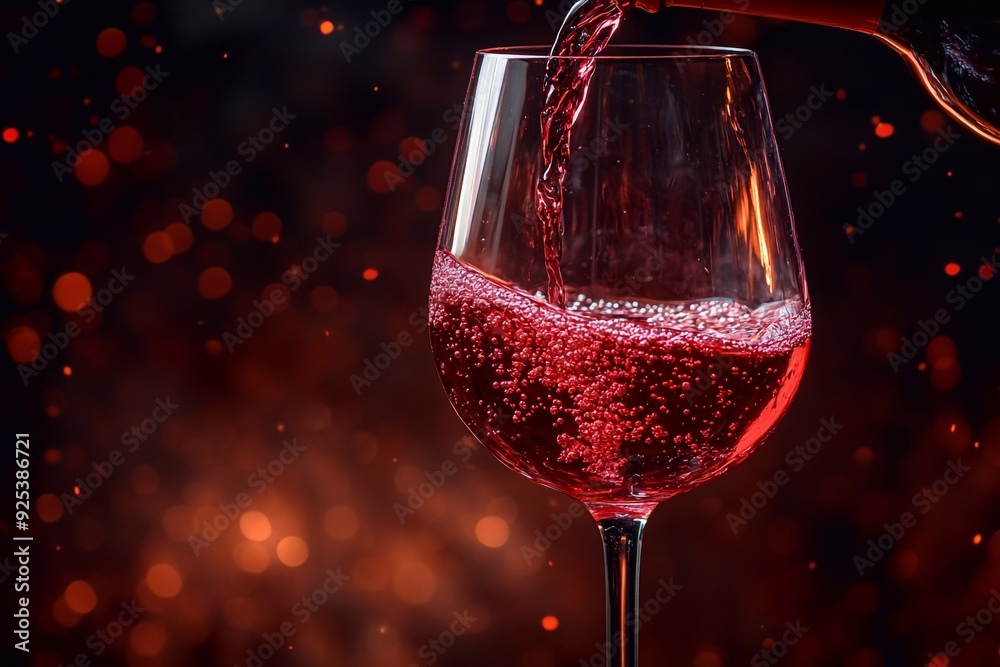 Capture a close-up of red wine being poured into a wine glass. Focus on ...