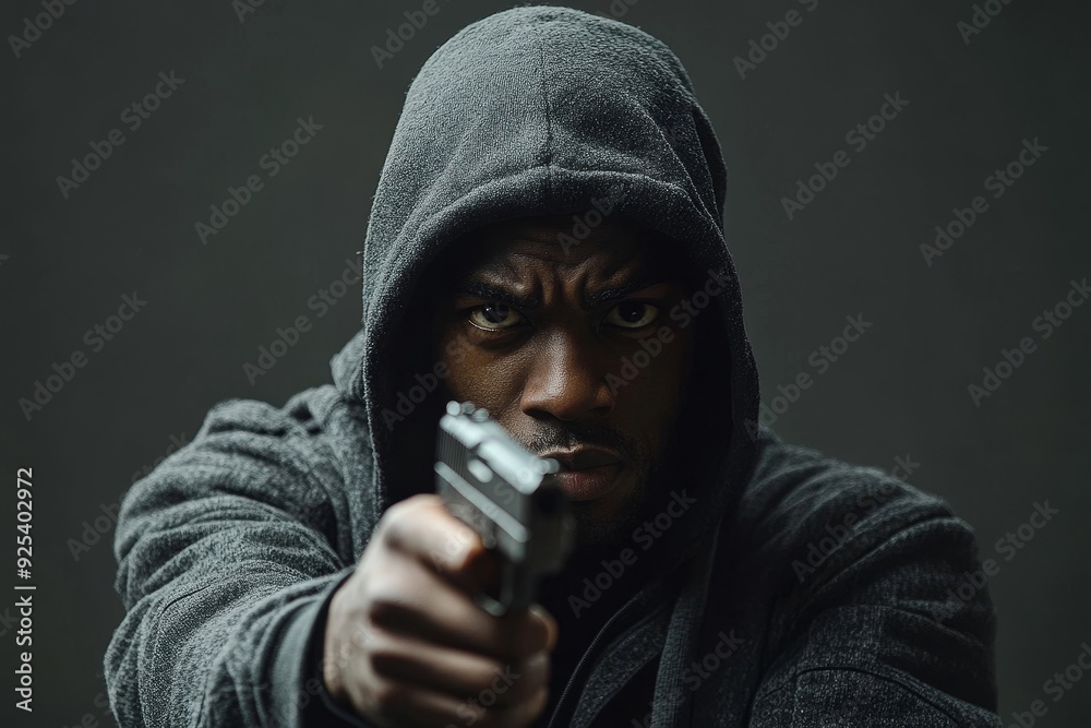 Black gang member checks his weapon. Gangster man with gun in hand on ...
