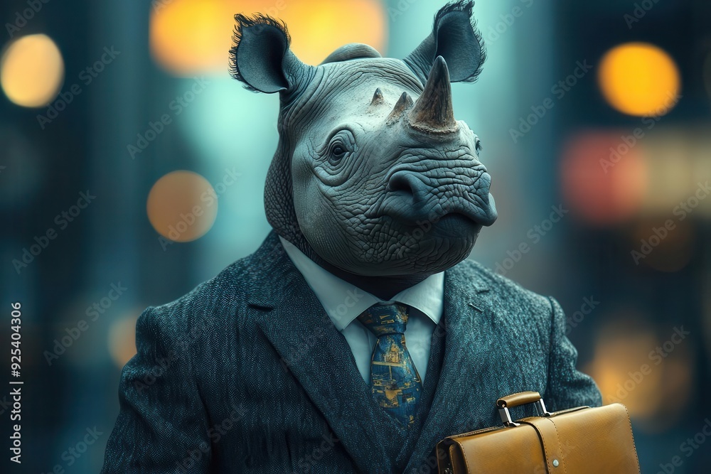 surreal anthropomorphic rhino businessman dapper suit briefcase urban ...