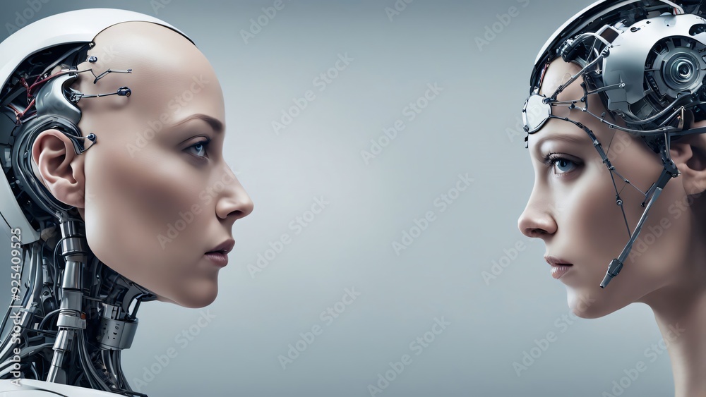 Woman opposite AI. The concept of confrontation between humanity and ...