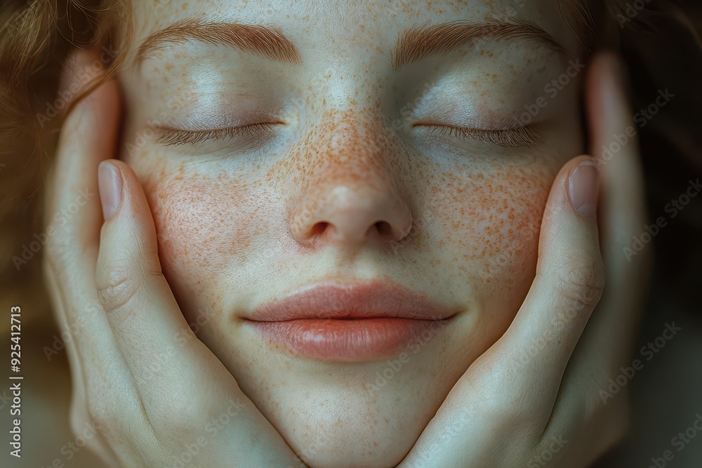 surreal portrait of hands cradling a detached smiling face symbolizing ...