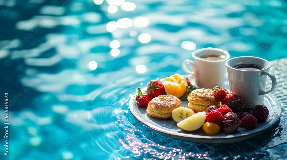 Summer Breakfast by the Pool with Coffee and Fruit - A plate of ...