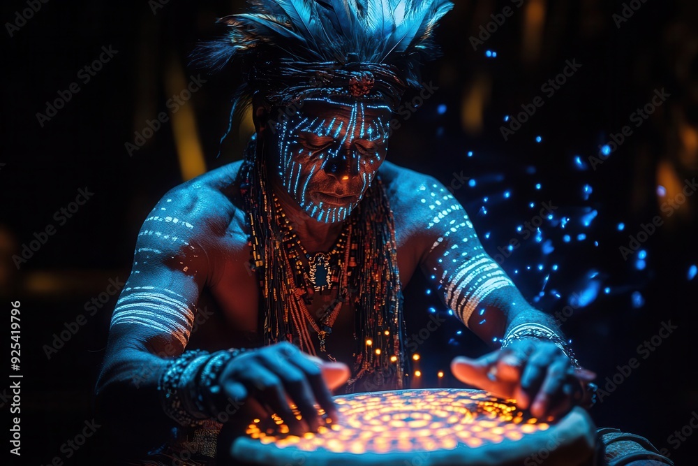 tribal drummer in augmented reality performance traditional rhythms ...
