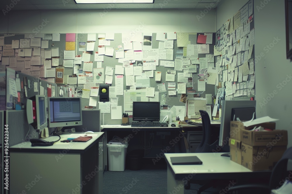 Toxic Workplace Environment with Demotivational Posters and Cluttered ...