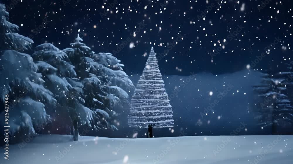 Video of snow-covered pine tree lit with festive lights, set against ...