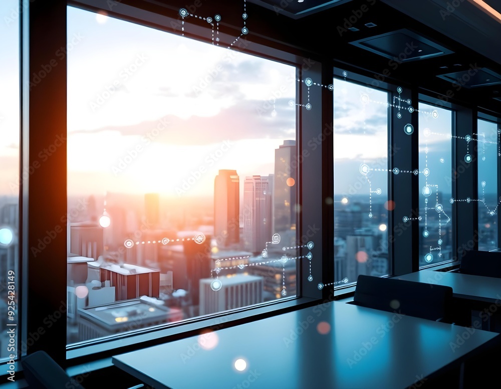 cyber office room background displaying a cityscape through panoramic ...