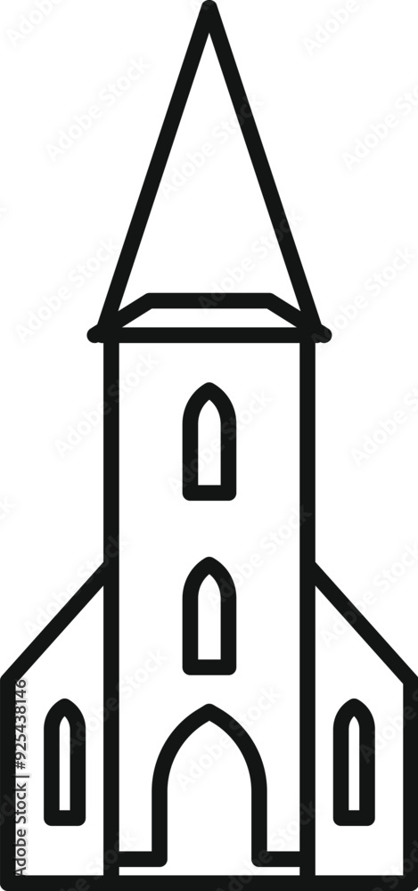 Simple line drawing of a tall church building with spire and arched ...