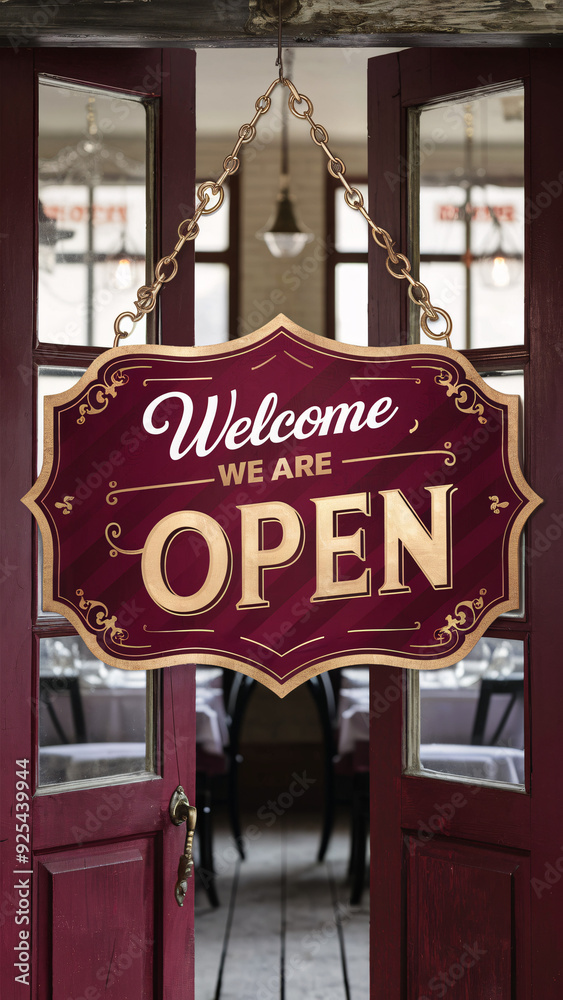Elegant "Welcome, We Are Open" sign hanging on vintage red double doors ...