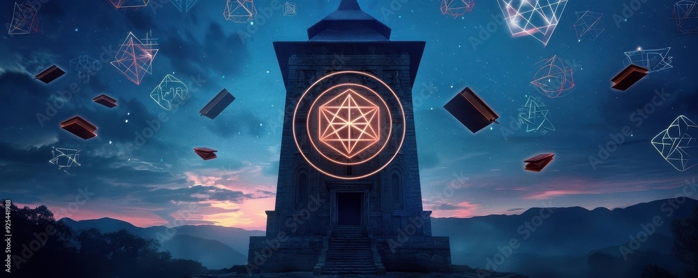 Wizard s tower with arcane symbols and floating spell books, wizard s ...