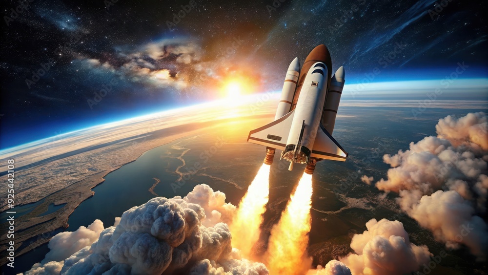Space shuttle launching into atmosphere with Earth in view, space ...