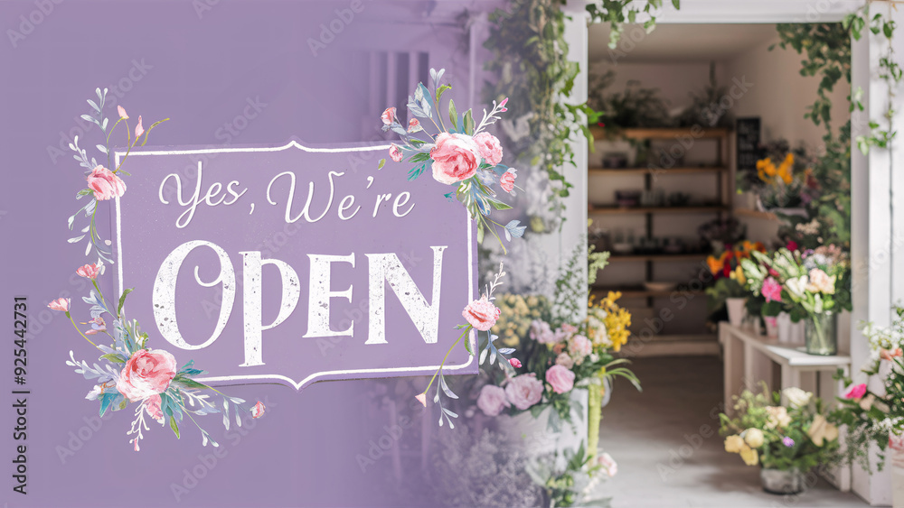 Beautiful floral "Yes, We're Open" sign on a lavender background ...