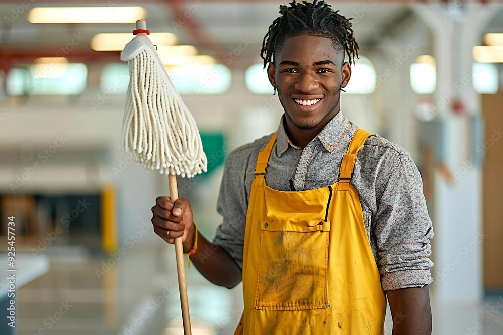 African American male janitor in an office setting holding a mop and ...