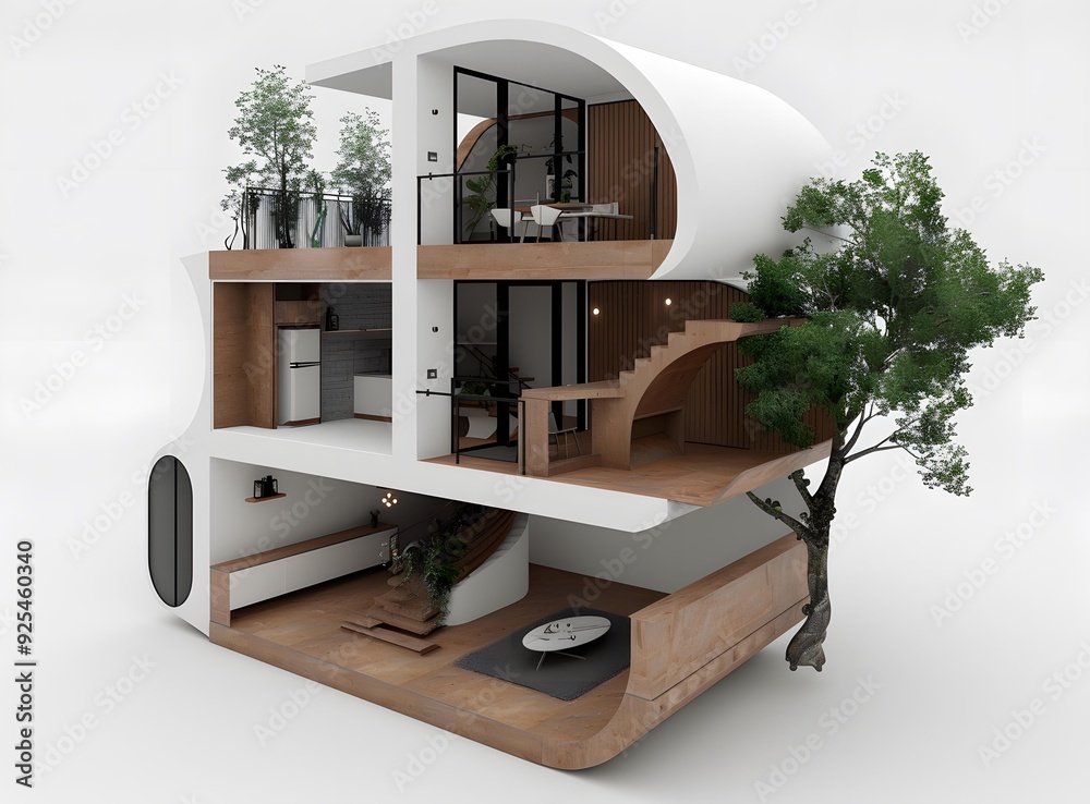 Modern House Design With Cut Away Interior Showing Rooms And Furniture ...