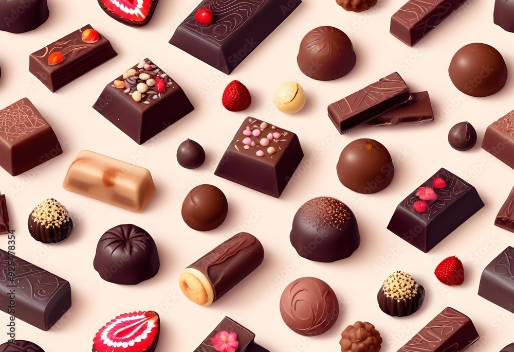 Assortment of various chocolate candies, truffles, and pastries on a ...