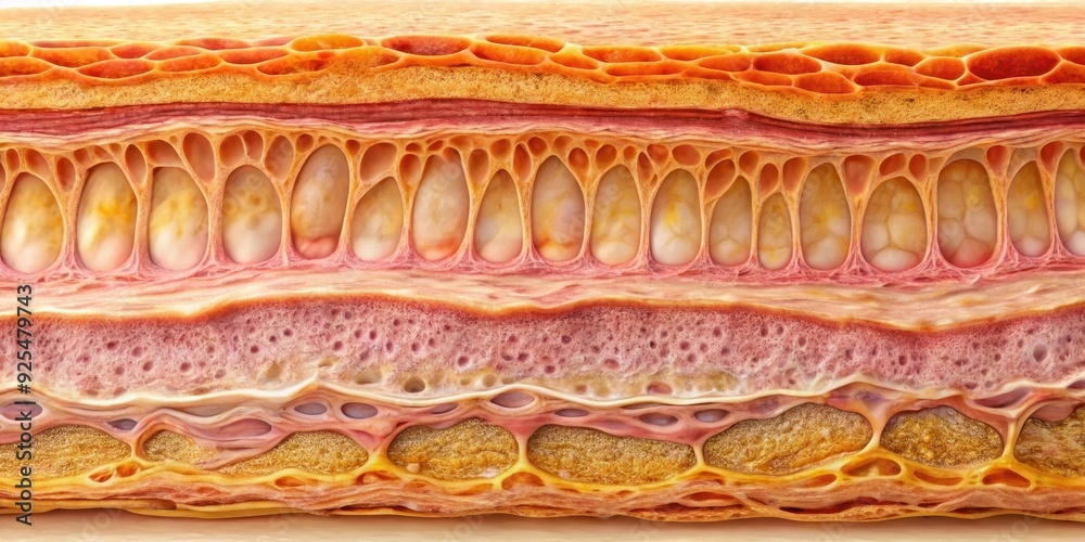 Close-up view of layers of skin and organic surface tissue, epidermis ...