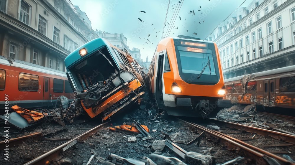 Dramatic scene of a train collision on urban railway tracks with ...