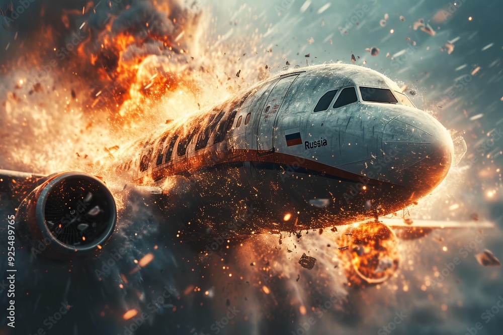 Russian airplane crash in mid-air explosion with flames and debris ...