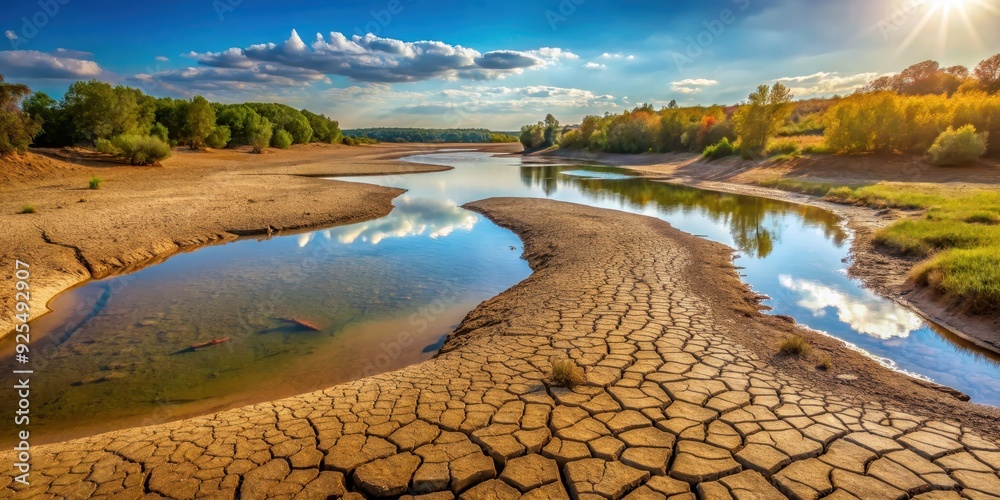 River showing the effects of a drought caused by climate change ...